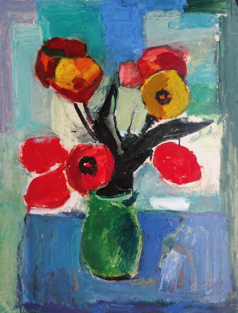 Aleksandr Rodin - Tulips in green vase. Oil on cardboard, 55x42 cm For ...