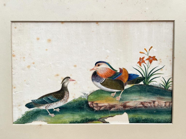 Two Mandarin Ducks, Circle of Sunqua, Gouache on Pith Paper, Qing ...