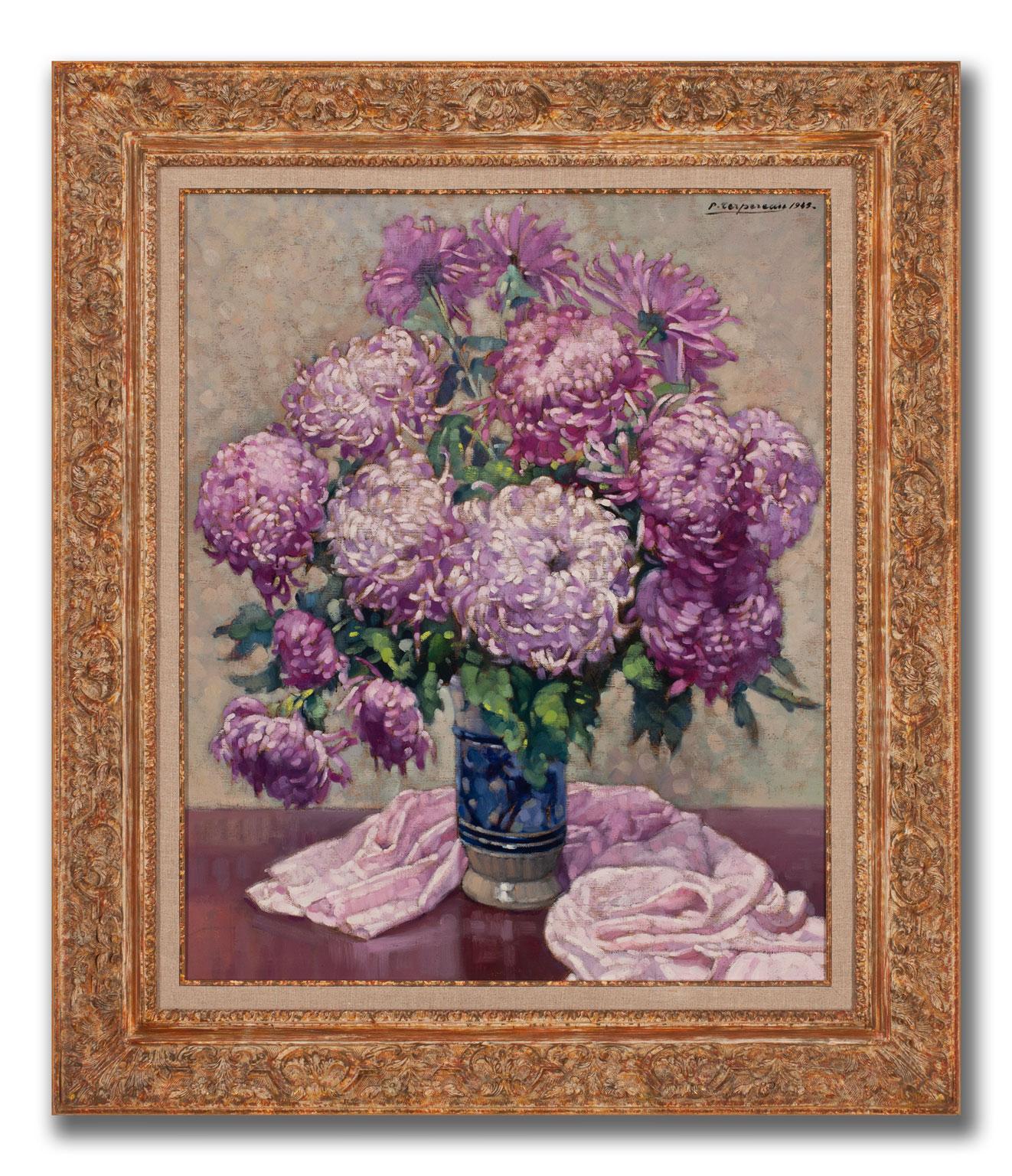 Paul Terpereau - [Vase Aux Chrysanthèmes Violets] Large Floralscape ...