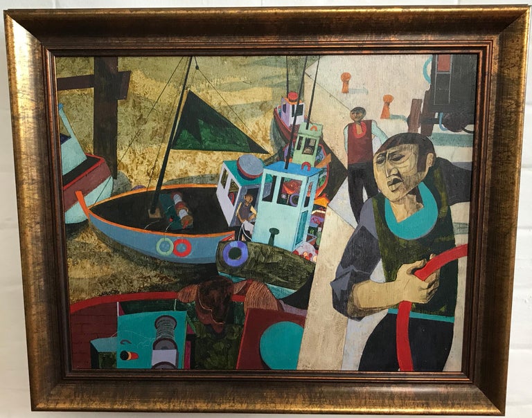 George Large - George Large, Cubist oil of fishermen in harbour at 1stDibs
