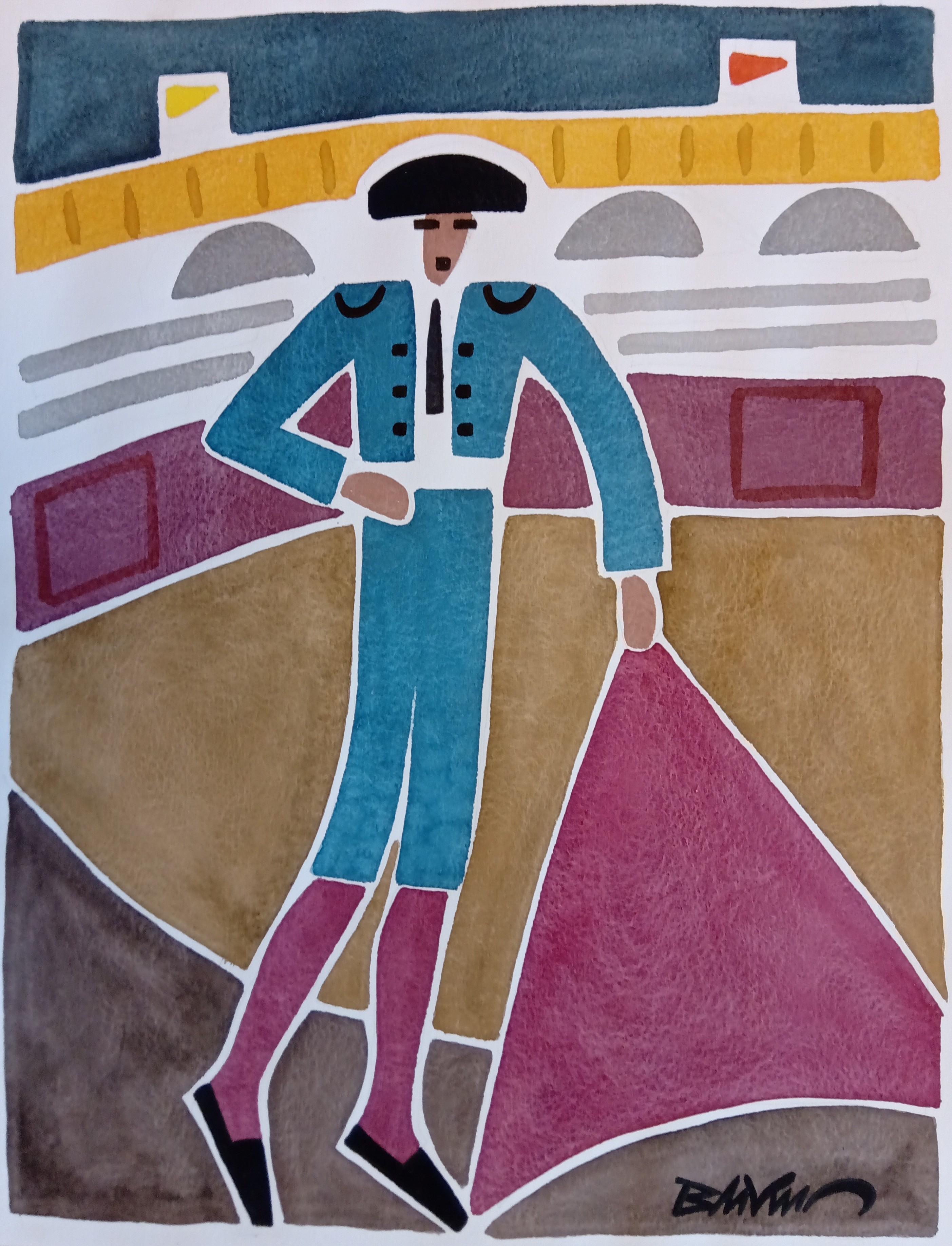 Bertrand de Vismes - figurativo dibujo "Torero" acuarela y tinta china ...