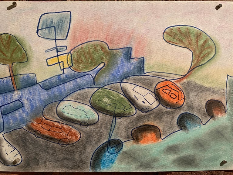 Jerry Opper - 1950s "Bubble Cars" Mid Century Abstract Drawing at 1stDibs