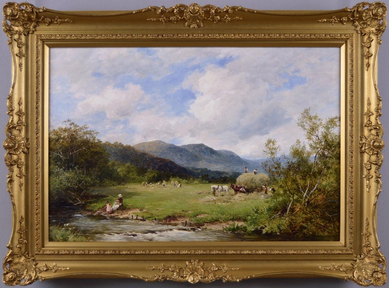 David Bates - 19th Century landscape oil painting of hay making in the ...