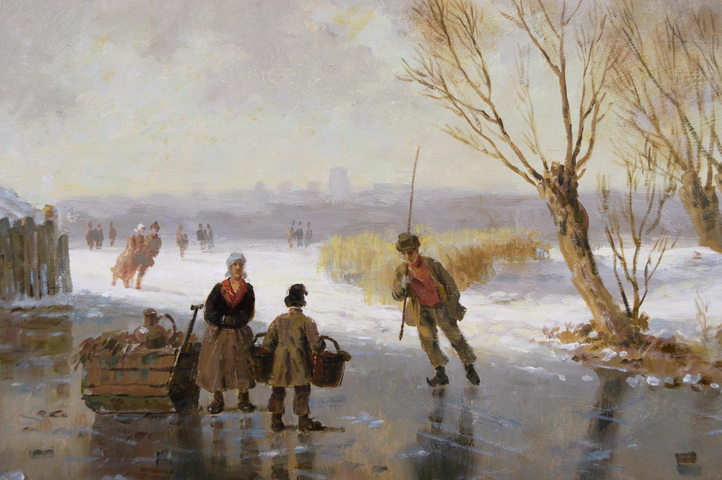 A. J. F. De Groote - Winter landscape oil painting of people skating ...