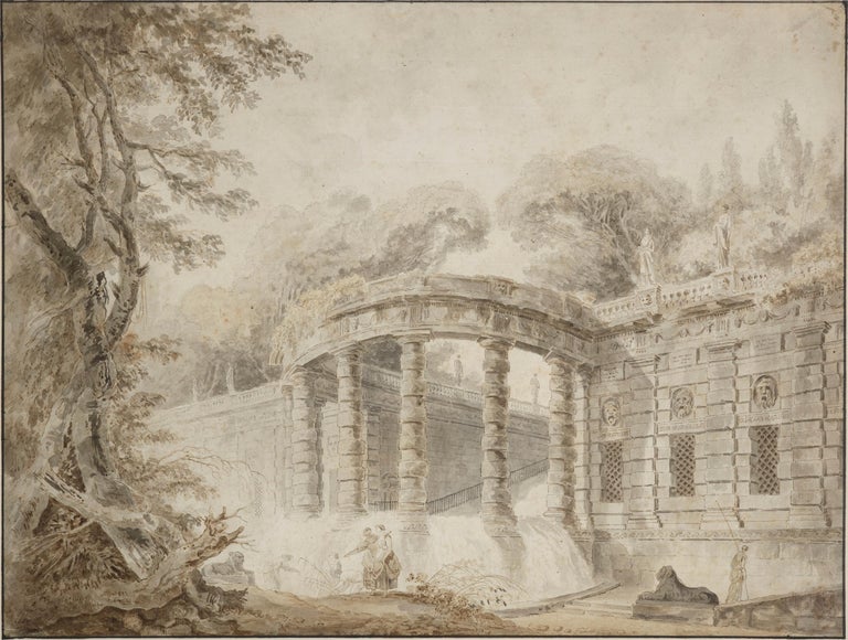 Pavilion avec cascade, un lavis à l'encre attribué à Hubert Robert ...