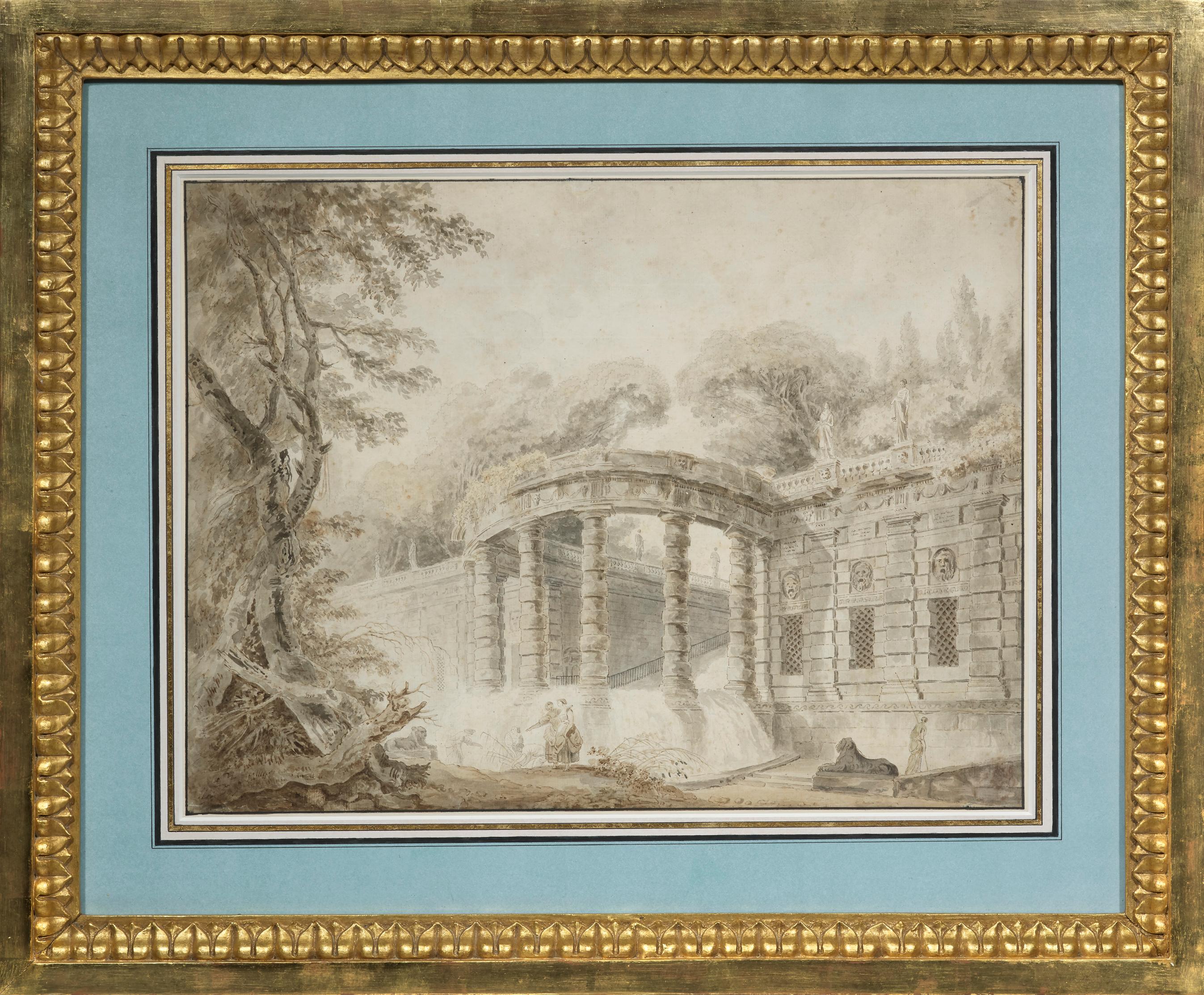 Pavilion with waterfall, an ink wash attributed to Hubert Robert (1733 ...