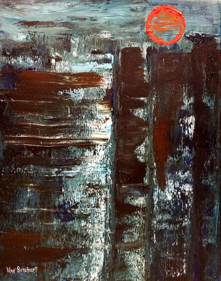 Vian Borchert - Red Moon - abstract, blue, lines painting canvas For ...