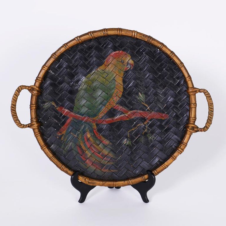 Unknown - Antique Basket Tray with Painted Parrot For Sale at 1stDibs