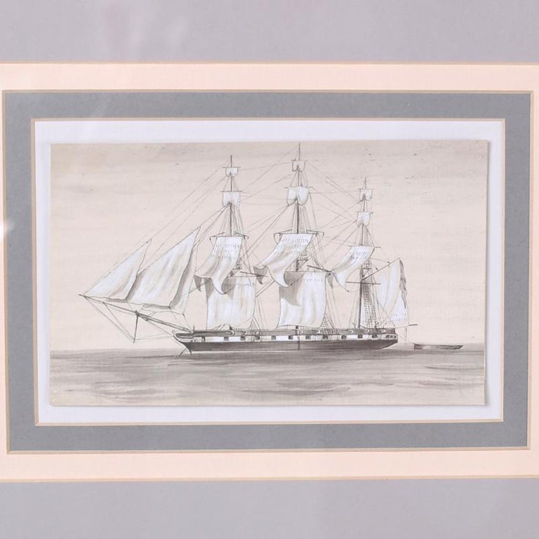 Unknown - Antique Set of Nine Framed Pen and Ink Navel Sailing Ships ...