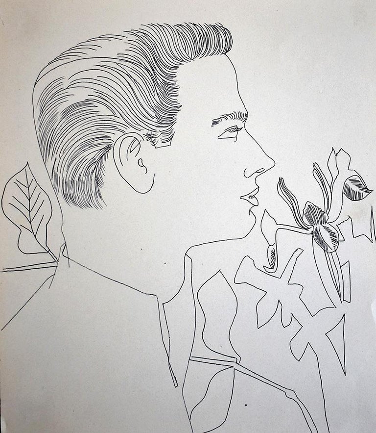 Andy Warhol - Male Portrait with Iris and Daffodils - Ink Drawing ...