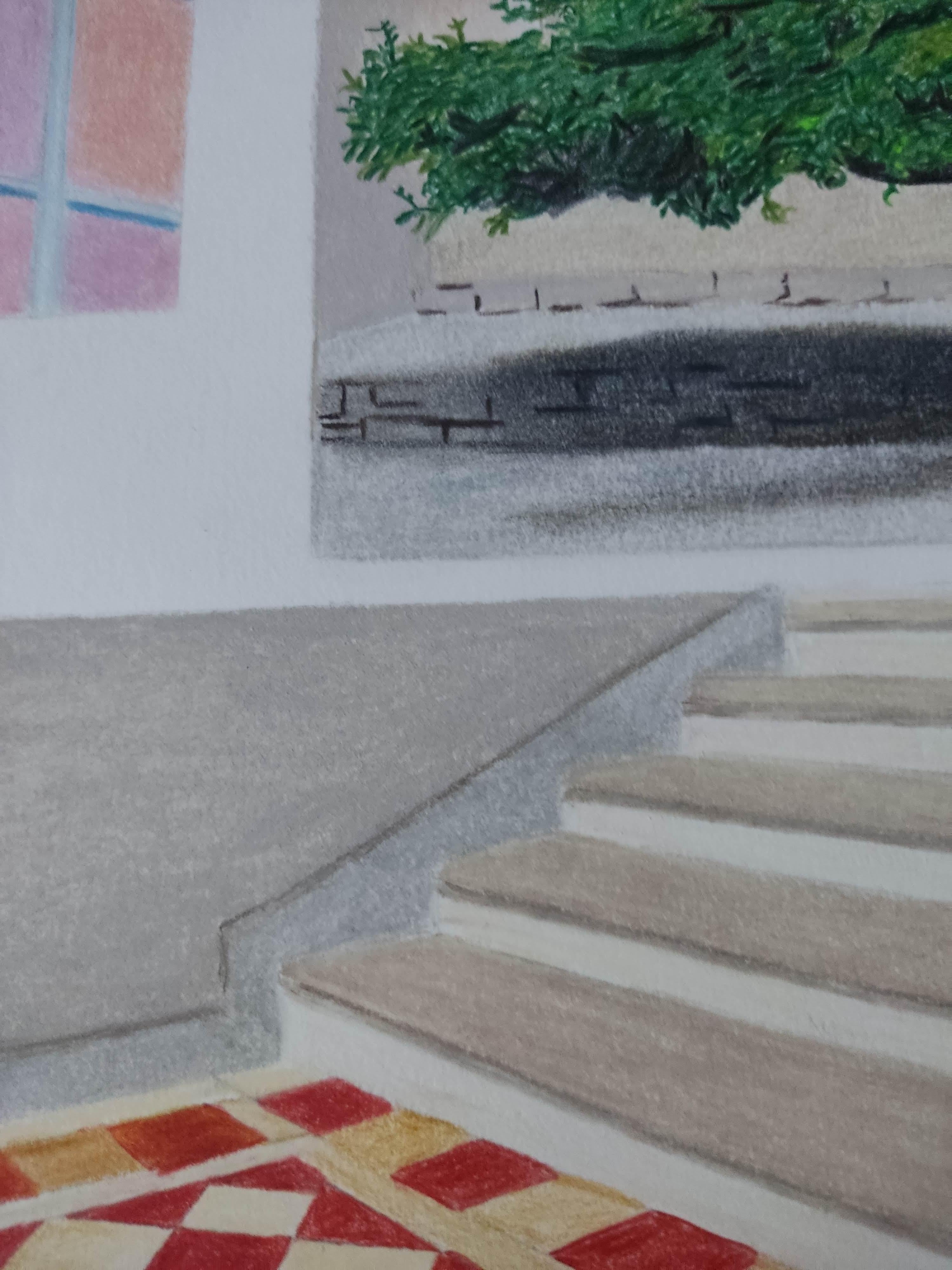 Gabriel Riesnert - Un escalier à Arles, Dibujo original, Pastel, Árbol ...