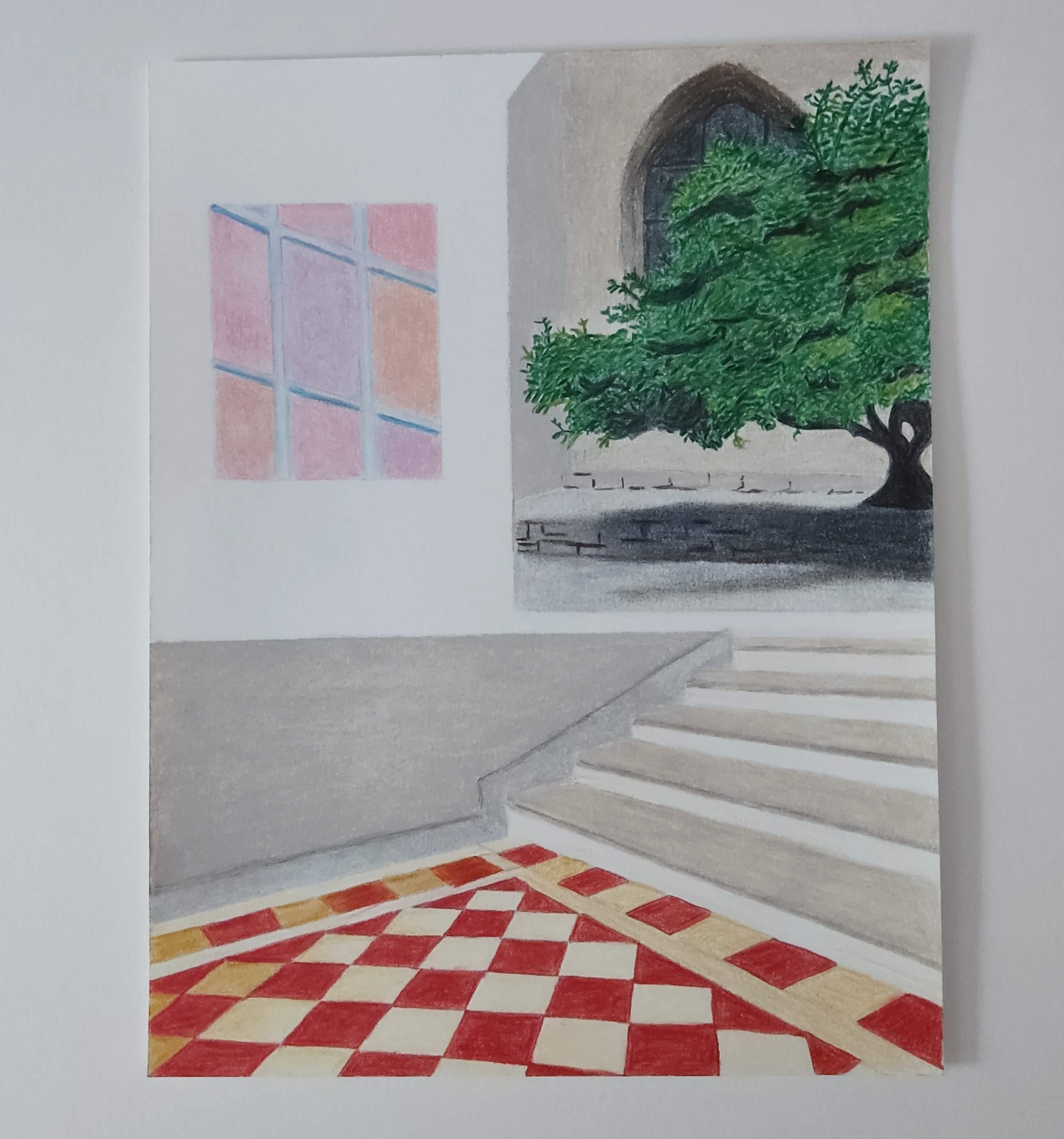 Gabriel Riesnert - Un escalier à Arles, Dibujo original, Pastel, Árbol ...