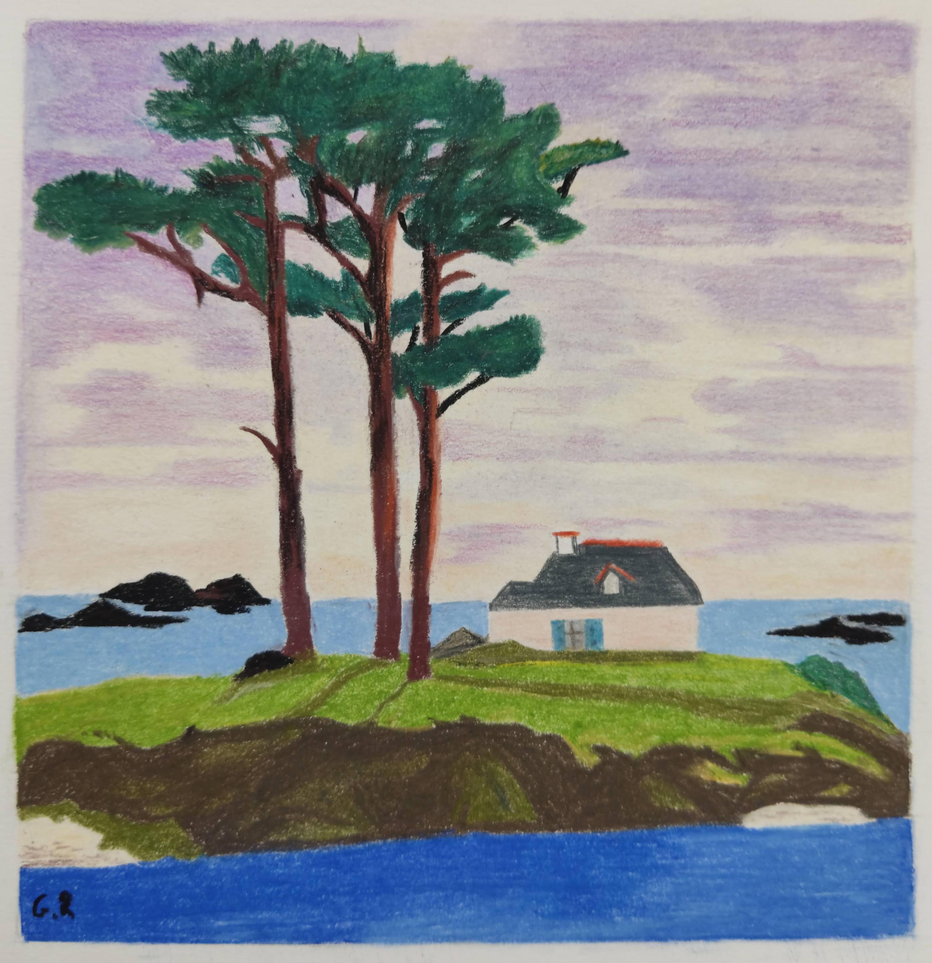 Gabriel Riesnert - Au Bord de l'eau, Original Drawing, Pastel, Trees ...