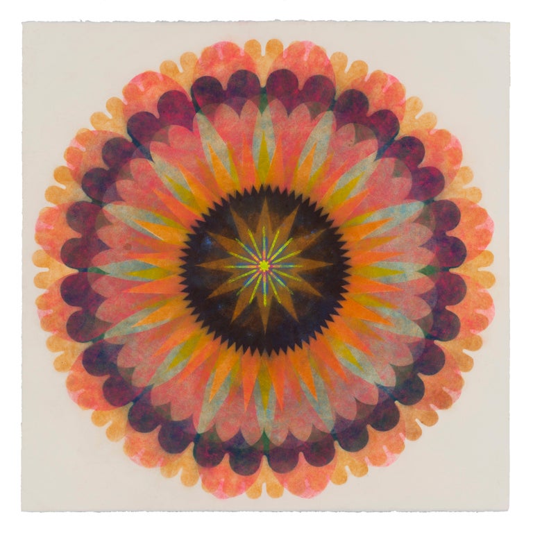 Mary Judge - Trois fleurs Mandala potiques, rose corail, orange, indigo ...