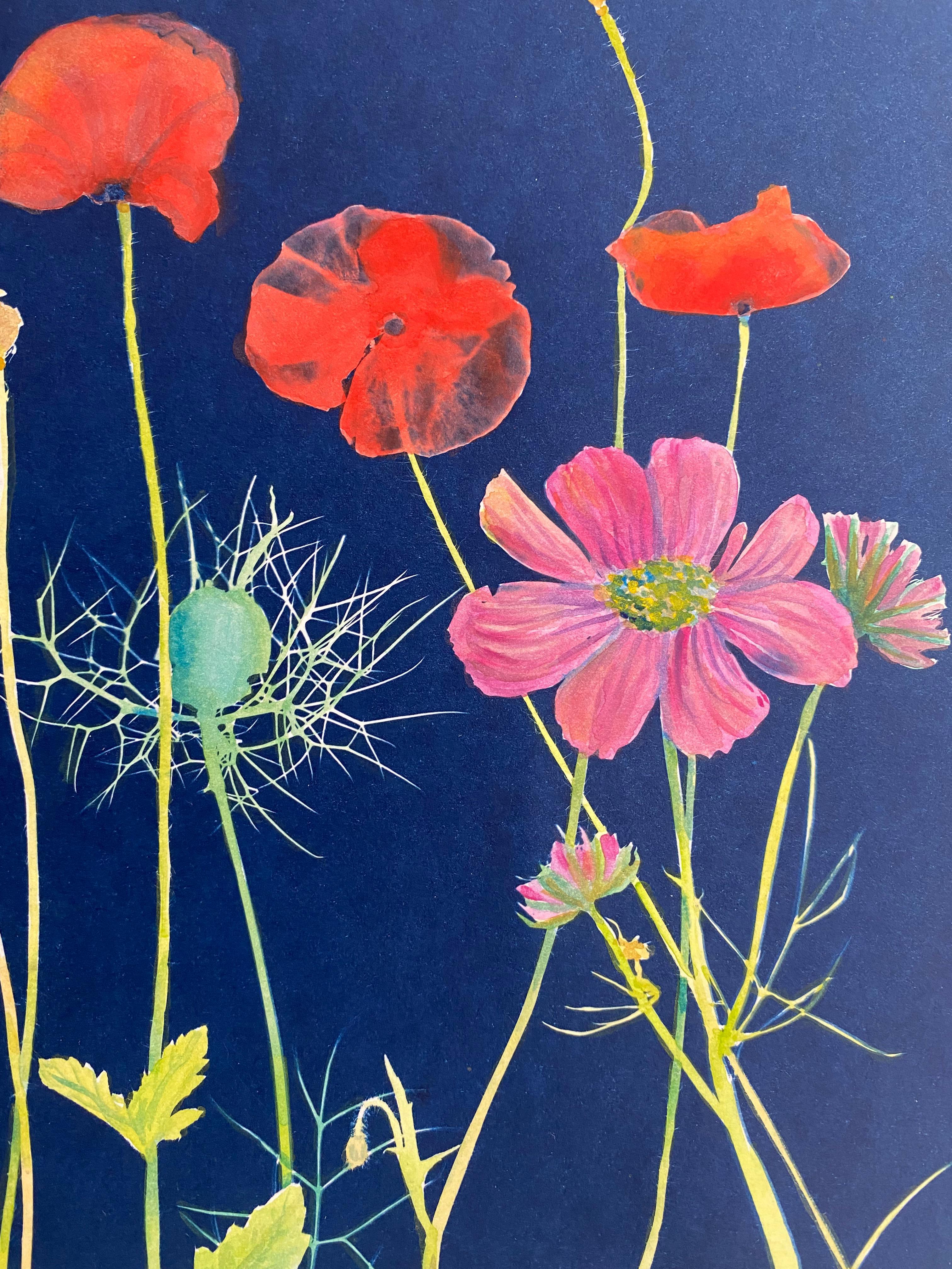Julia Whitney Barnes - Cyanotype Painting Poppies, Red, Pink Flowers ...