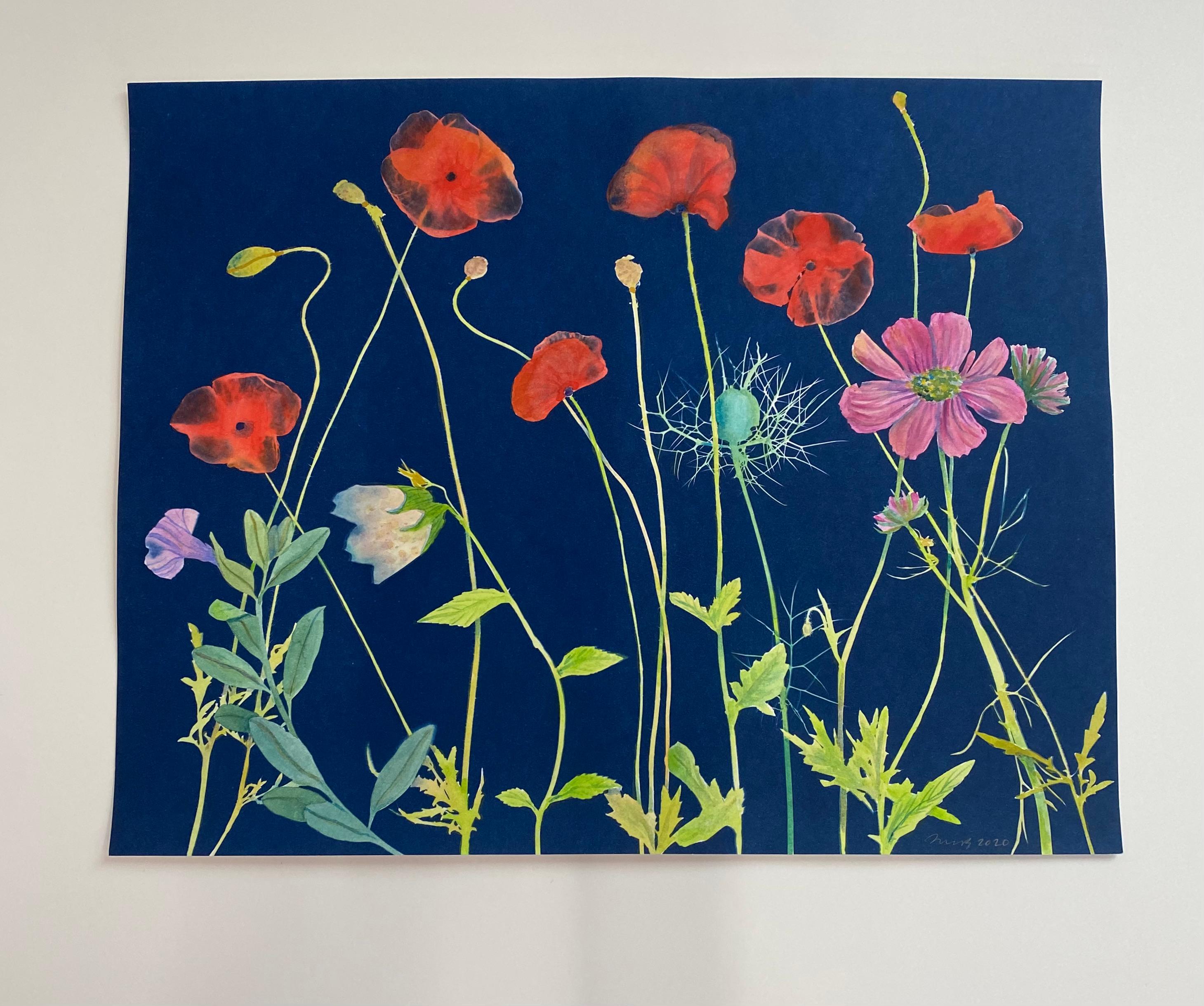 Julia Whitney Barnes - Cyanotype Painting Poppies, Red, Pink Flowers ...