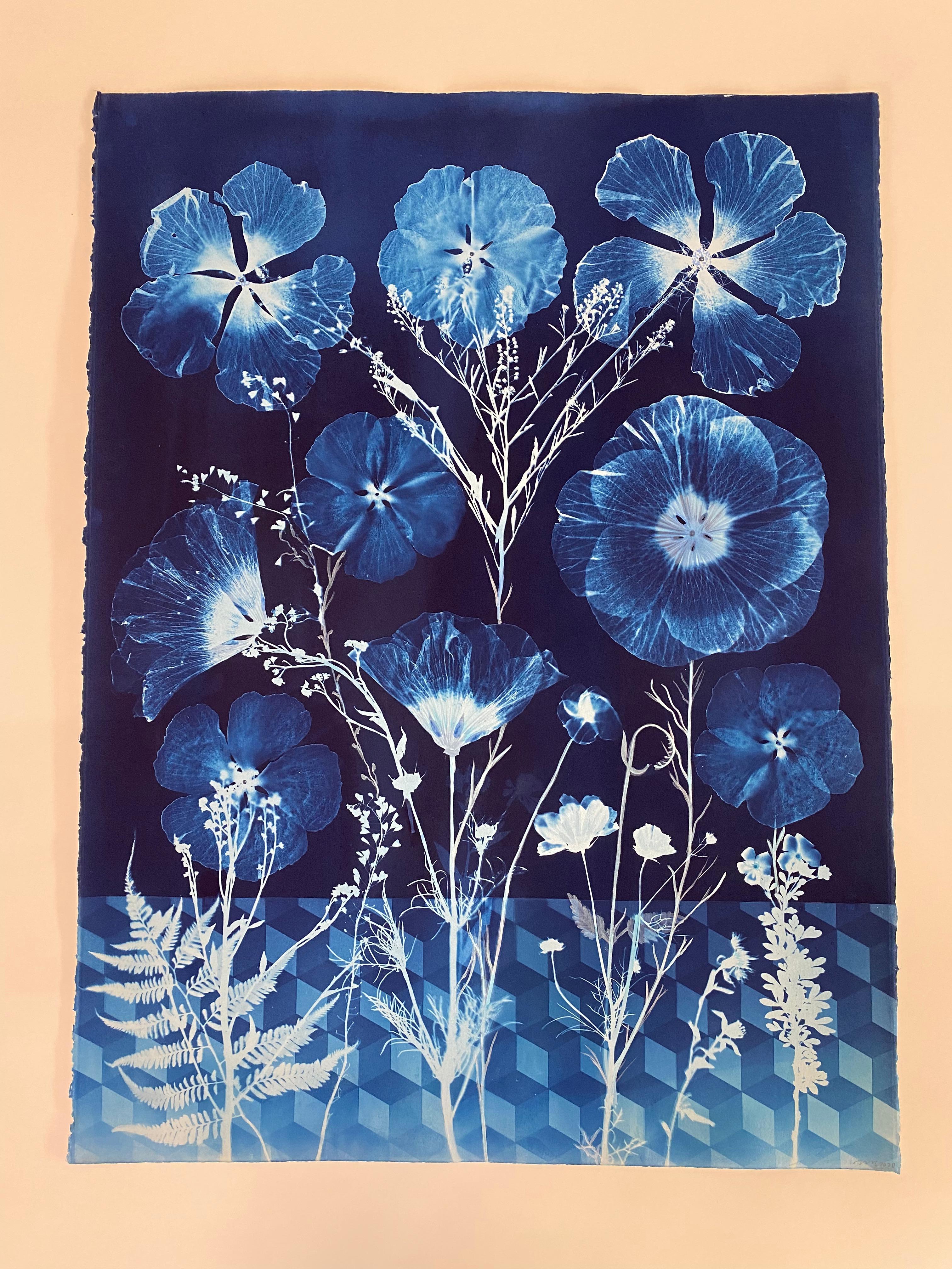 Drawing & Illustration Contemporary Painting Tryptic blue Rose Abstract ...