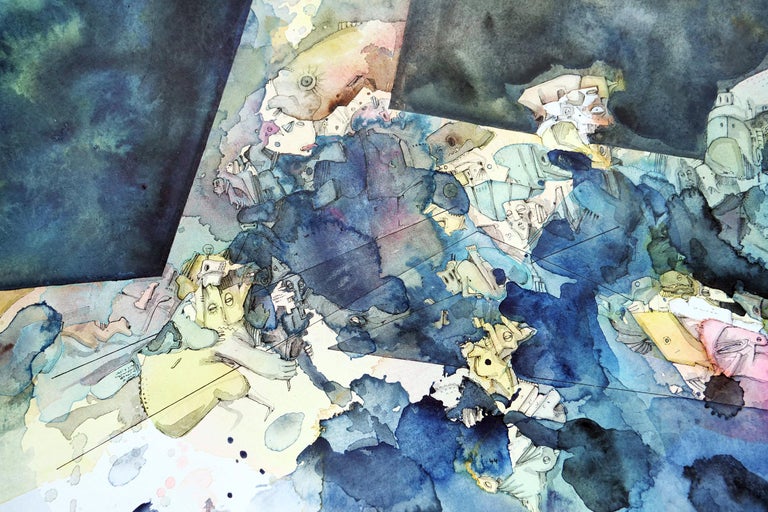 Peer Kriesel - Multicolor drawing by Peer Kriesel 50 x 100 cm framed ...