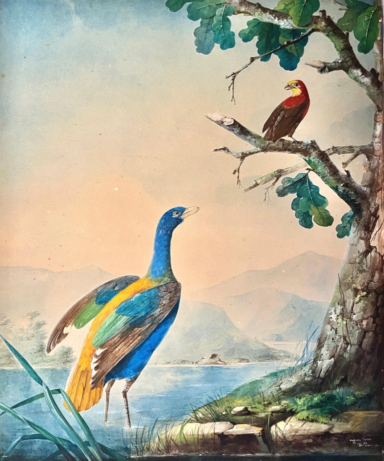 Auguste Pelletier - TWO BIRDS OF PARADISE BY A LAKE For Sale at 1stDibs