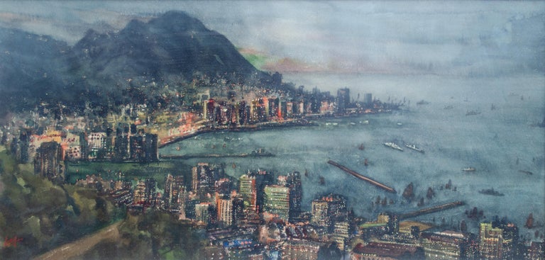 Kam Cheung Ling - Signed Kam Cheung Ling Watercolor of Hong Kong at 1stDibs