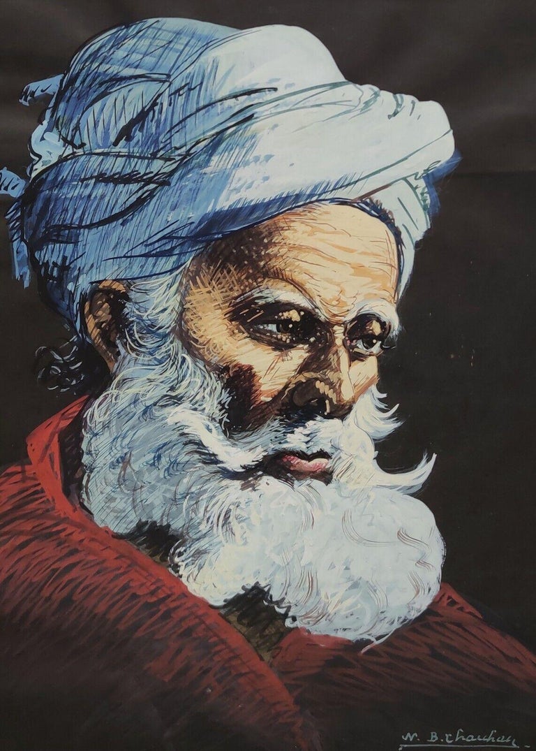 Unknown - Watercolor Arab Muslim Tribal Chief Signed N. B. Chauhan For ...