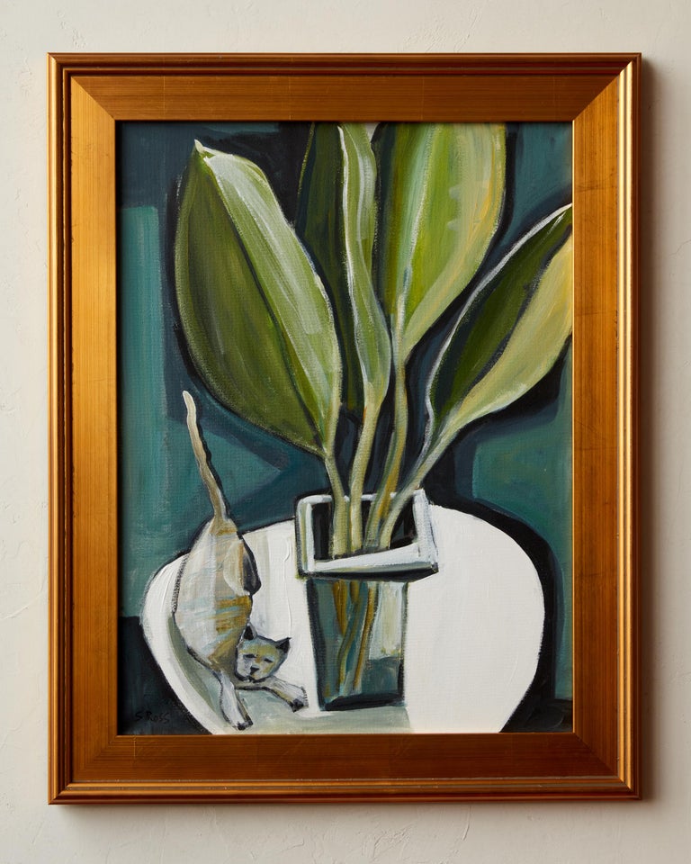 Stewart Ross - Cat with Leaves by Stewart Ross Acrylic Contemporary ...