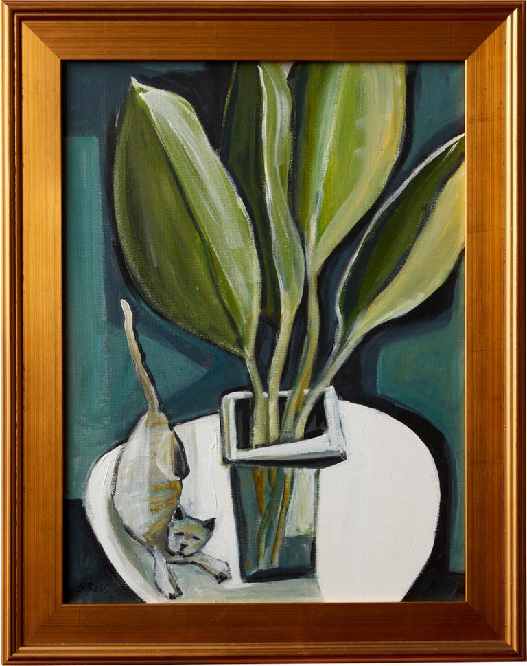 Stewart Ross - Cat with Leaves by Stewart Ross Acrylic Contemporary ...