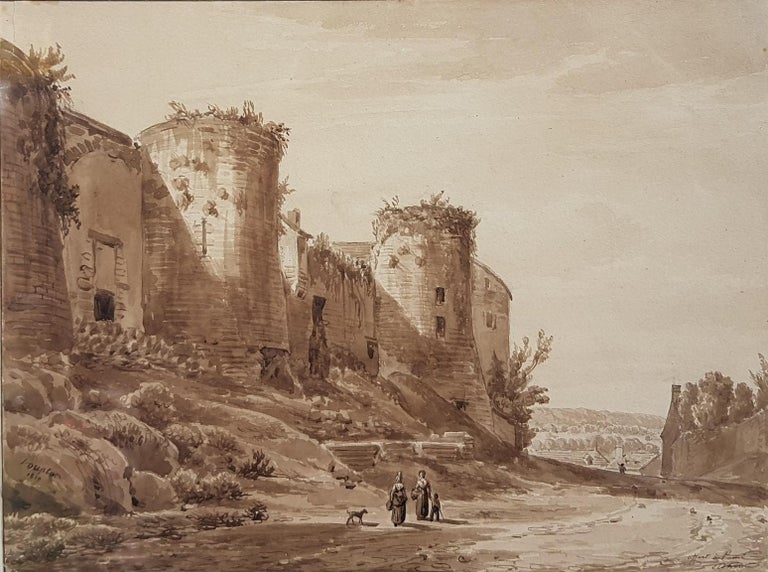 Pierre-Louis DUPLAT - Drawing lavis french romantic 19th Castle Falaise ...