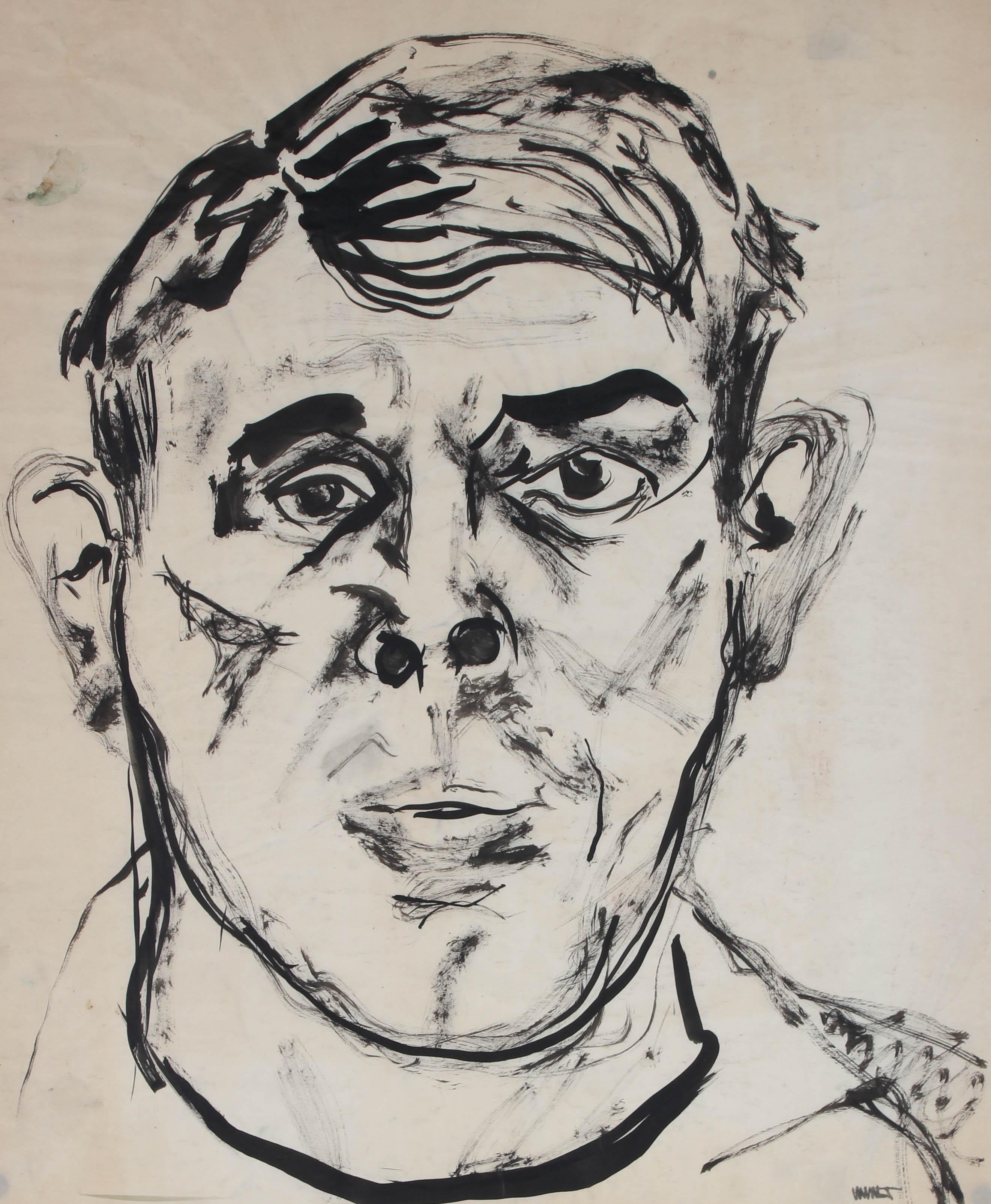 Malcolm McClain - Expressionist Portrait of a Man, Ink Drawing, Mid ...