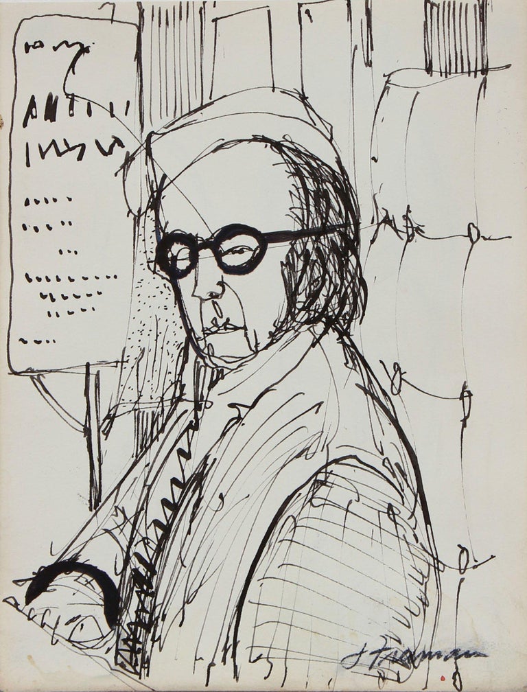 Jack Freeman - Seated Figure in Glasses 1960s-1970s Ink For Sale at 1stDibs