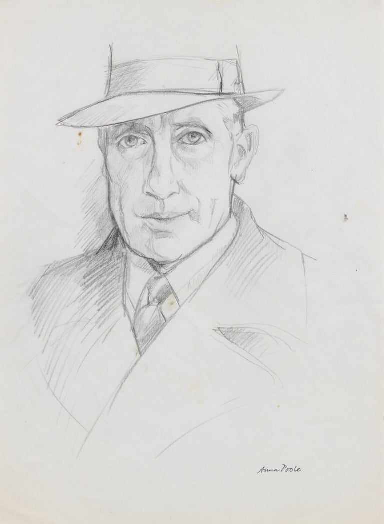 Anna Poole - Portrait Study of Man in Hat Late 20th Century Graphite ...