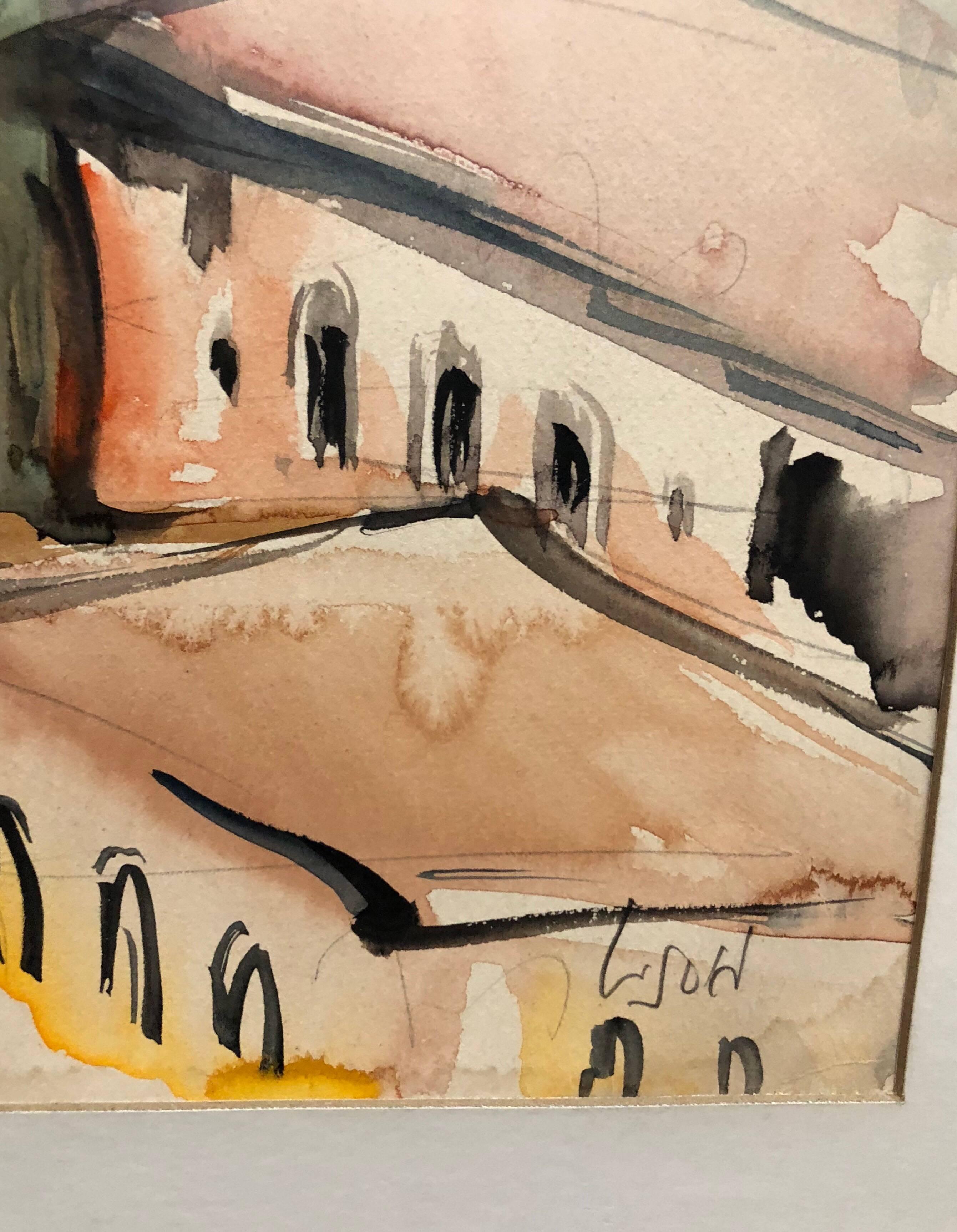 Mordechai Avniel - 1940s Israeli Modernist Watercolor Painting Harbor ...