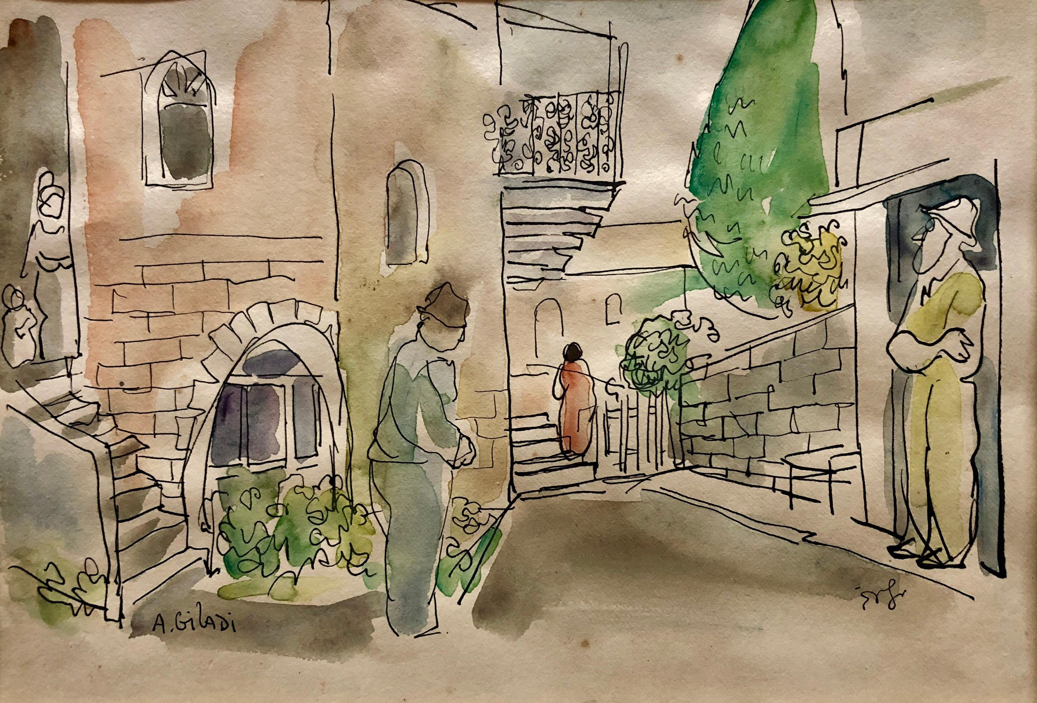 Aharon Giladi - Old Yishuv, Israel, Watercolor Painting Israeli ...