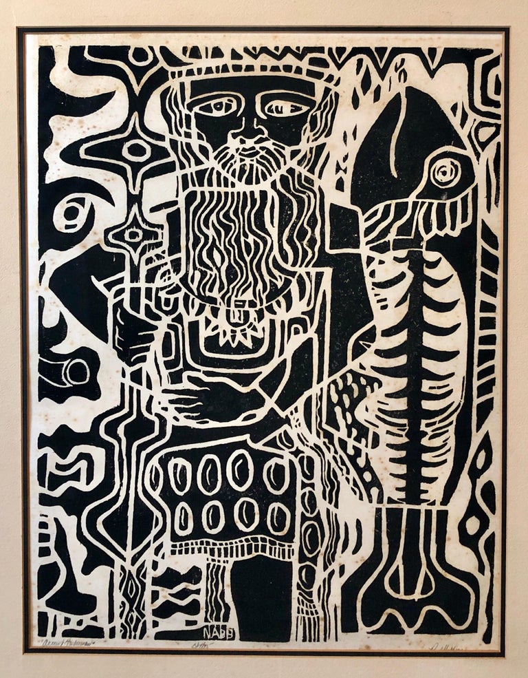 Paul Nabb - Ancient Fisherman, Mid Century Modernist Woodblock Print ...