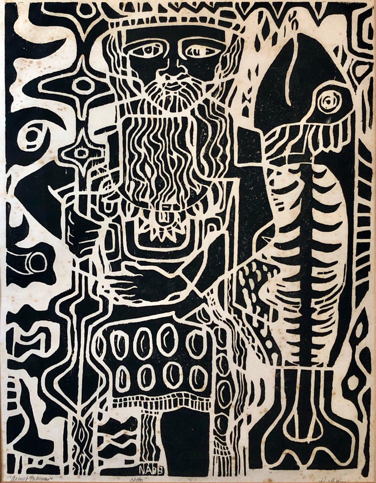 Paul Nabb - Ancient Fisherman, Mid Century Modernist Woodblock Print ...