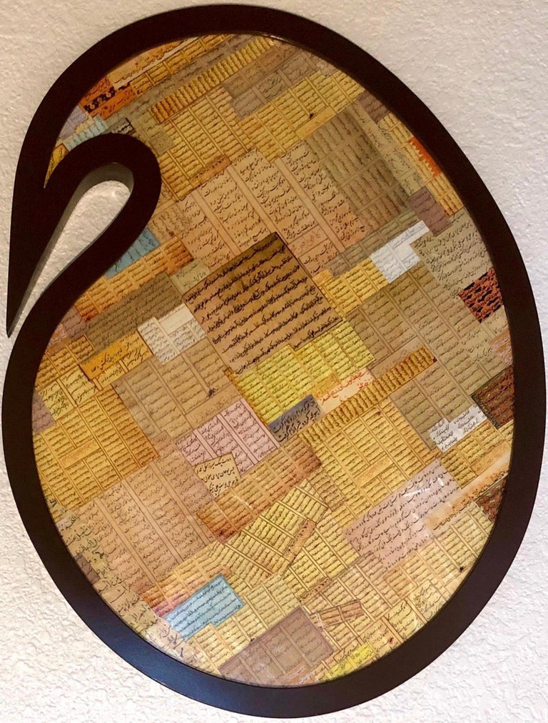 Andisheh Avini - Shaped Collage Painting in Carved Wood Frame Iranian ...