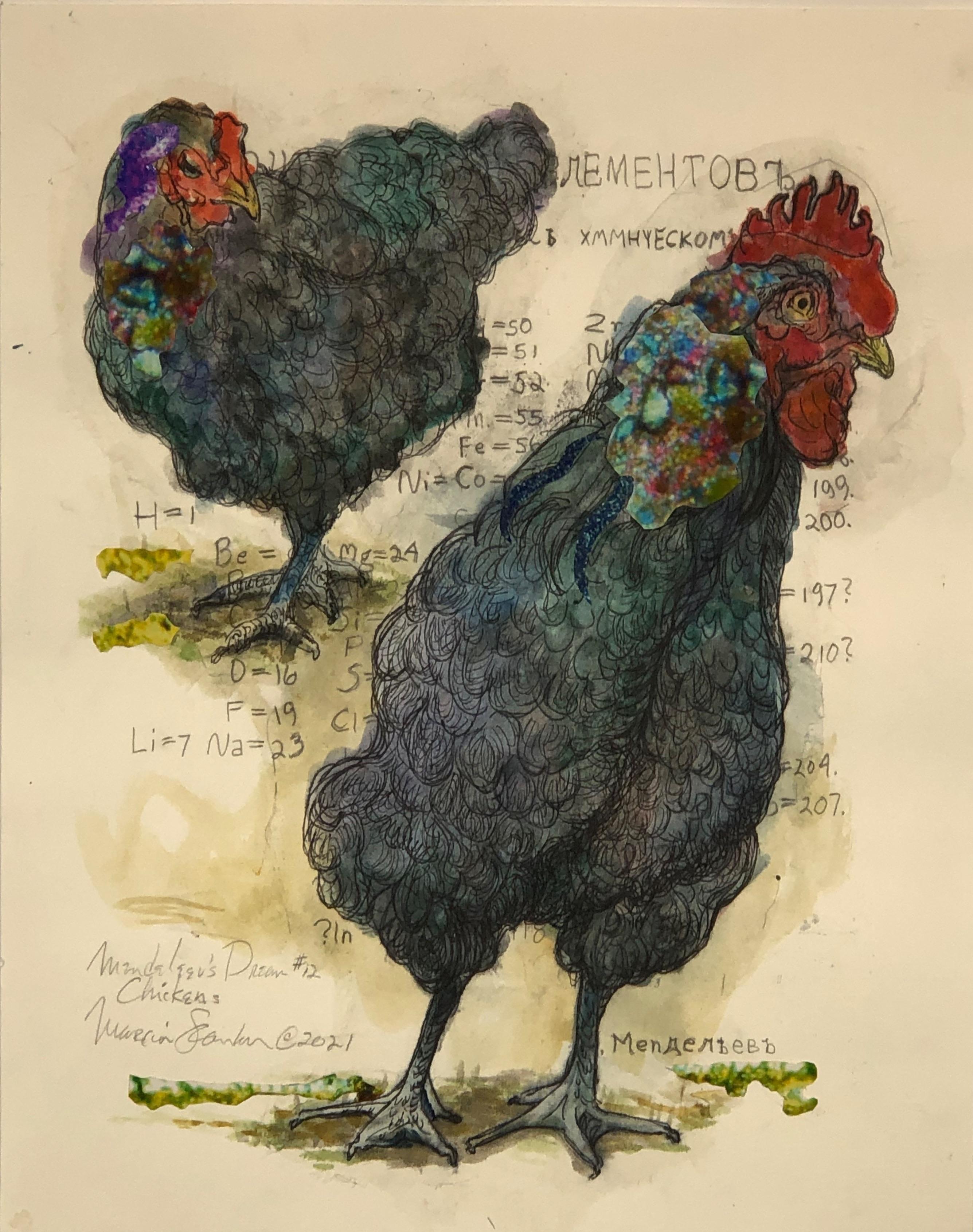 Marcia Scanlon - Chickens, Mendeleev’s Dream Series, watercolor collage ...