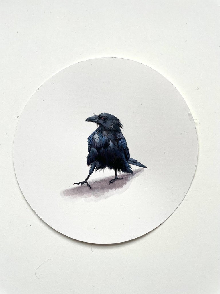 Dina Brodsky - Raven 1, realist gouache on paper miniature bird ...