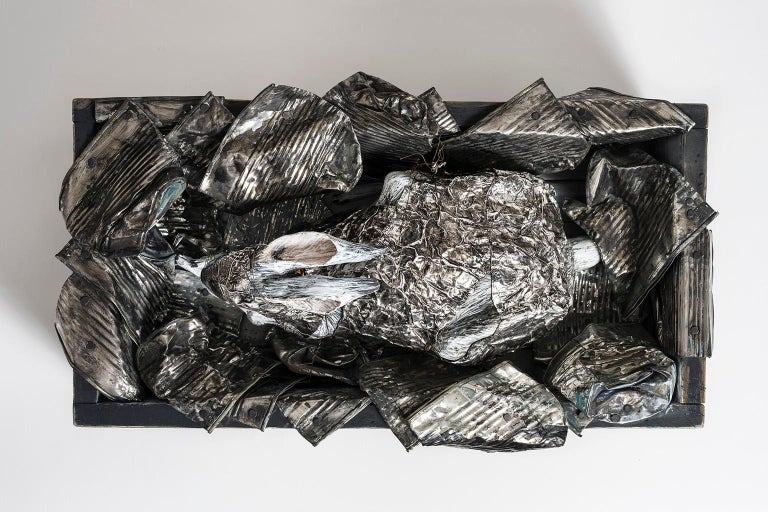 Elizabeth Jordan - Rabbit Sculpture with tin cans in wood box: 'What ...