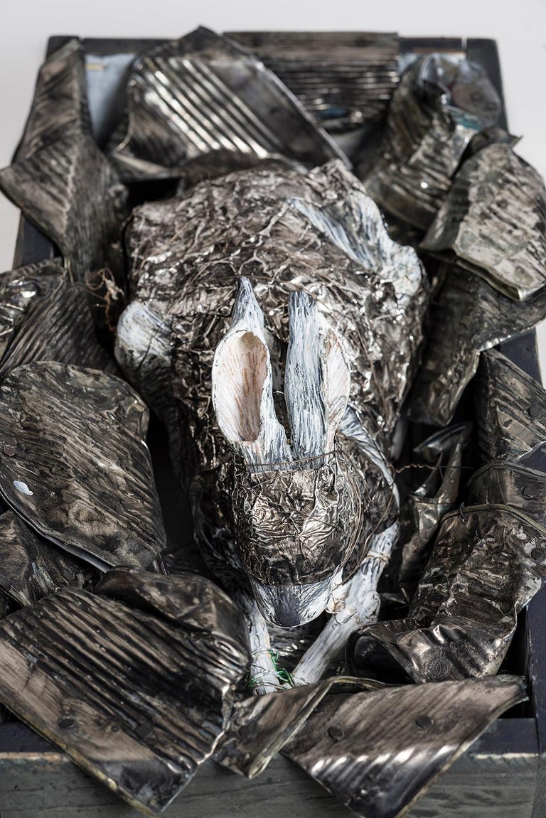 Elizabeth Jordan - Rabbit Sculpture with tin cans in wood box: 'What ...