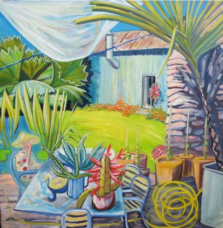 Janet Lance Hughes - Pond Garden with lady, huge leaves and cacti ...