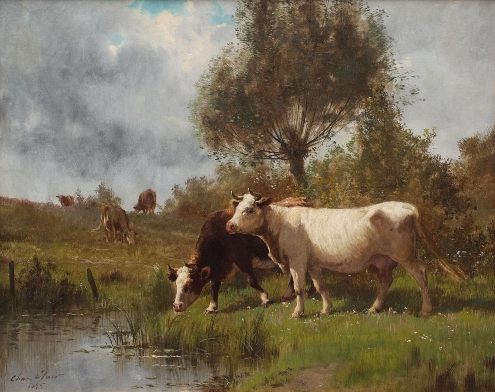 CLAIR Charles - Cows on Pasture by The River , painting 19th Century ...