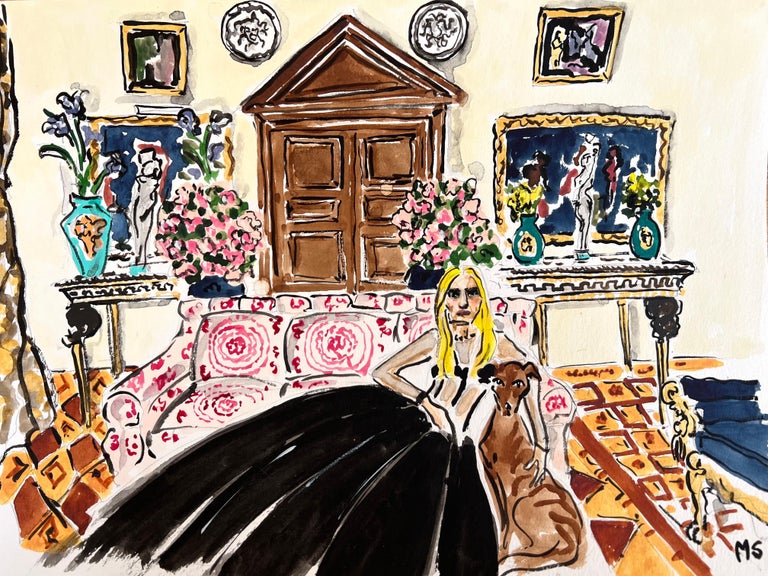 Manuel Santelices – Donatella Versace zu Hause in Mailand, Aquarell und Gouache auf Papier im ...