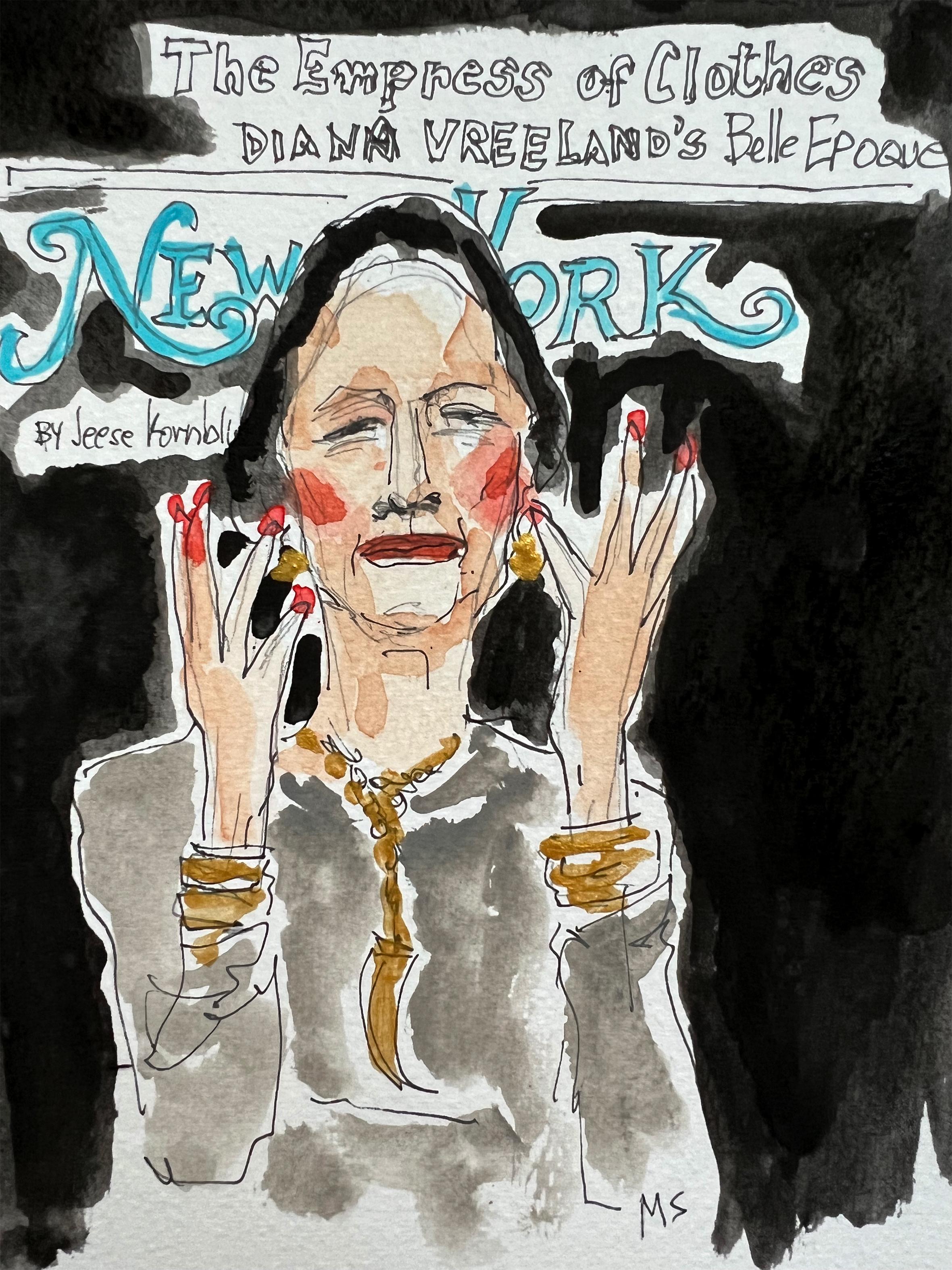 Manuel Santelices - Diana Vreeland New York magazine cover, Watercolor Portrait Painting at 1stDibs
