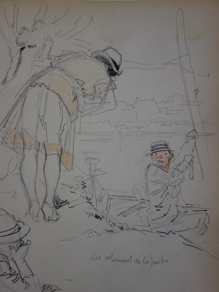 Georges Conrad - Fishing Party - Pencil drawing - circa 1914 For Sale ...