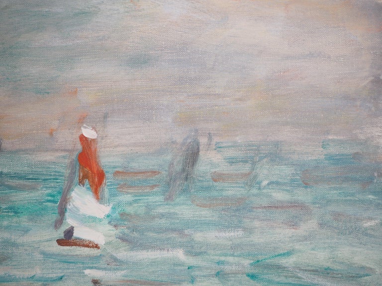 Jean Jacques Rene - Seascape : Animated Beach in Normandy - Oil On ...