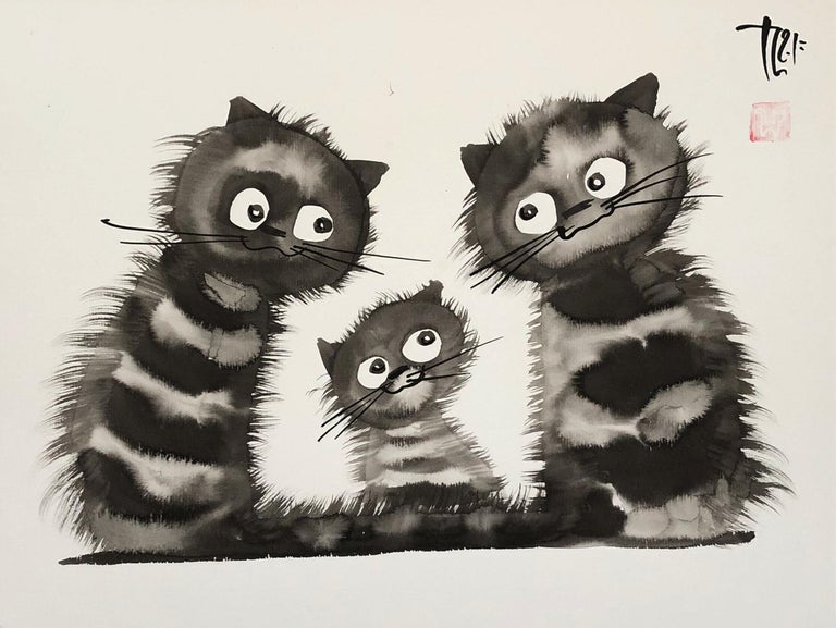 Laszlo Tibay - Family of Cats with Kitten - Handsigned Original Ink ...