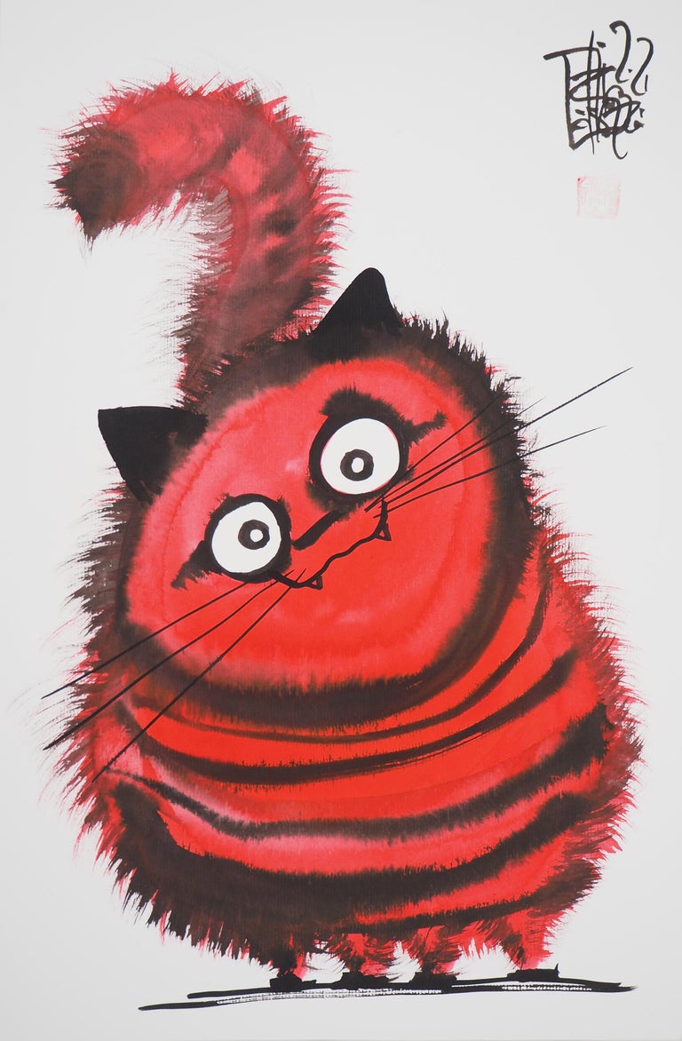 Laszlo Tibay - Cat rouge Malicious - Drawing à l'encre d'origine signé ...