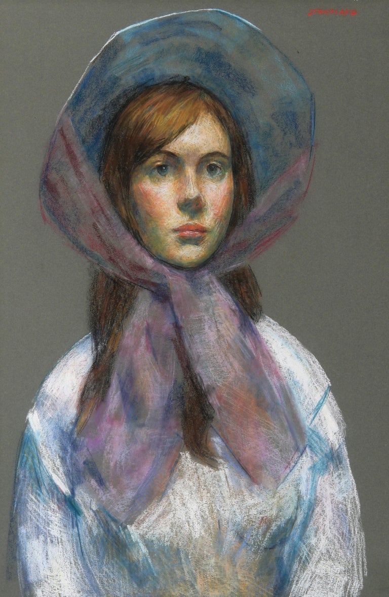 Thomas Strickland - Girl with Bonnet, Pastel Portrait by Thomas ...