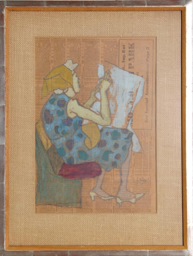 Joseph Solman - Reading Lady on Subway, Gouache Painting by Joseph ...